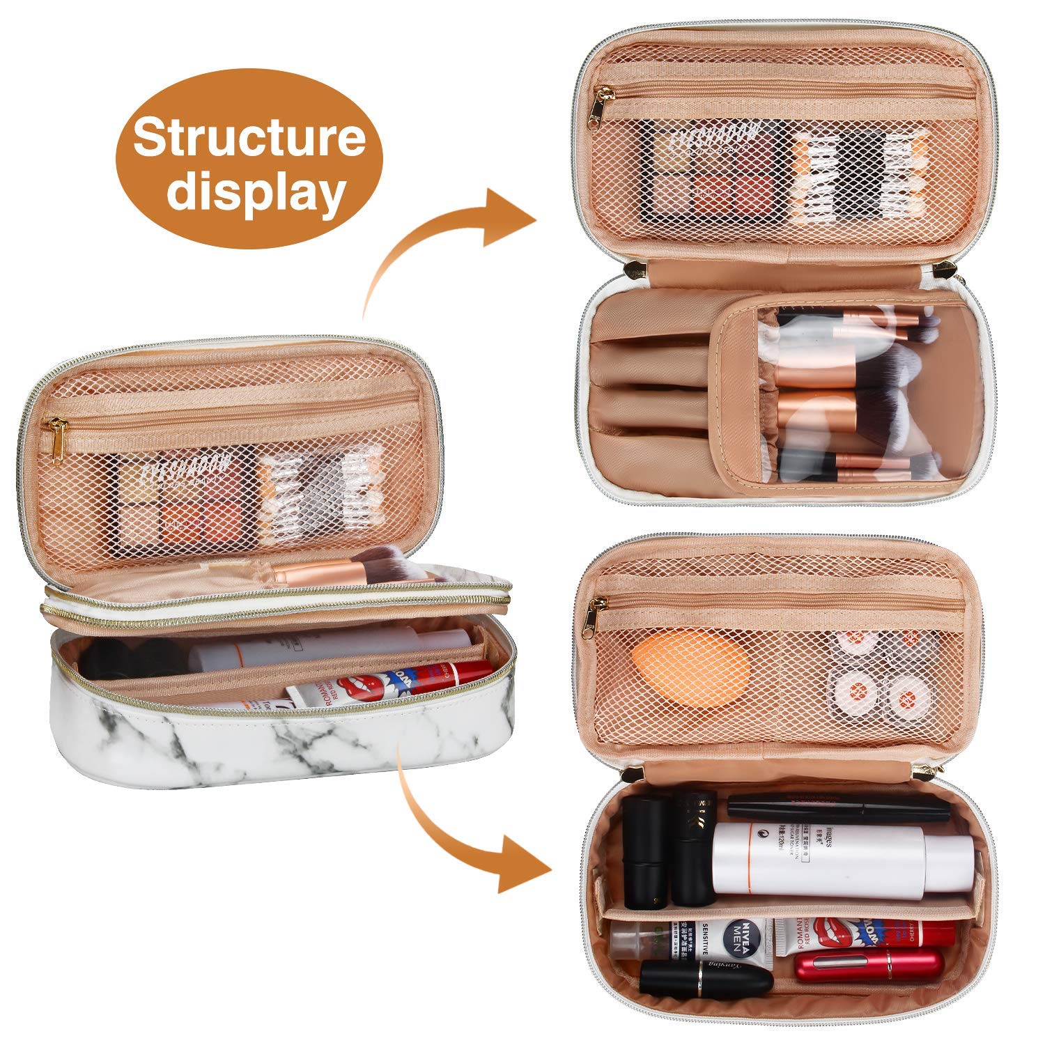 Relavel Makeup Case 2-Layer Cosmetic Brush Bag Marble Storage Travel Bag for Professional Makeup Brushes Storage Box (Marble White Pattern)