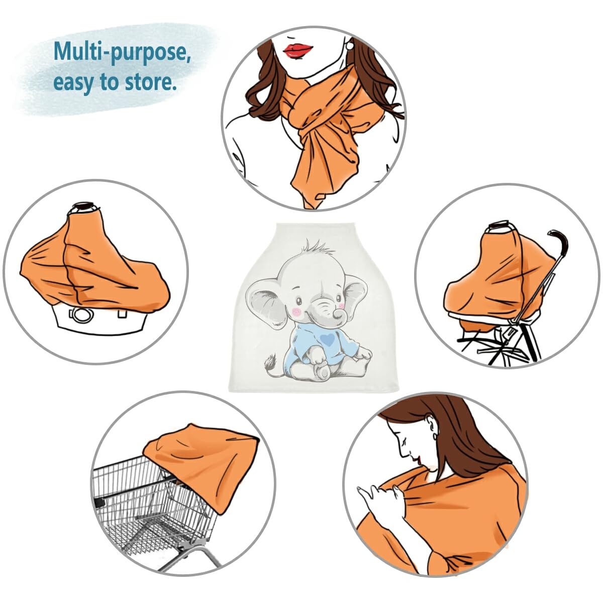 MNSRUU Baby Car Seat Covers Canopy Cover Blue Boy Elephant Baby Infant Stroller Cover Full Coverage Carseat Canopy Breathable Nursing Cover for Breastfeeding