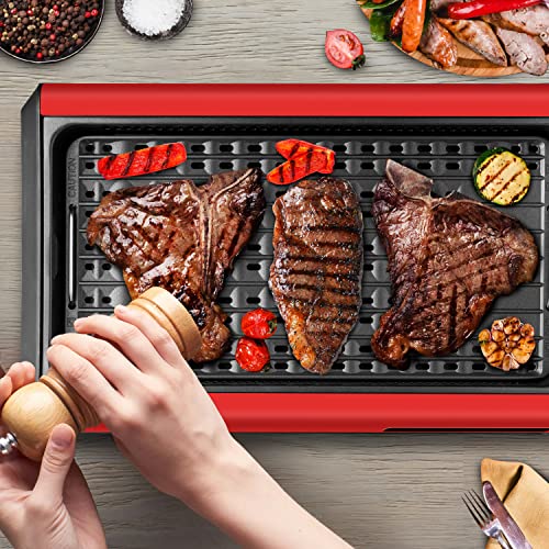 800R double Indoor Smokeless Grill Techwood 1500W Electric Grill with Tempered Glass Lid & LED Smart Control Panel, 8-Level Control Korean BBQ Grill, Red
