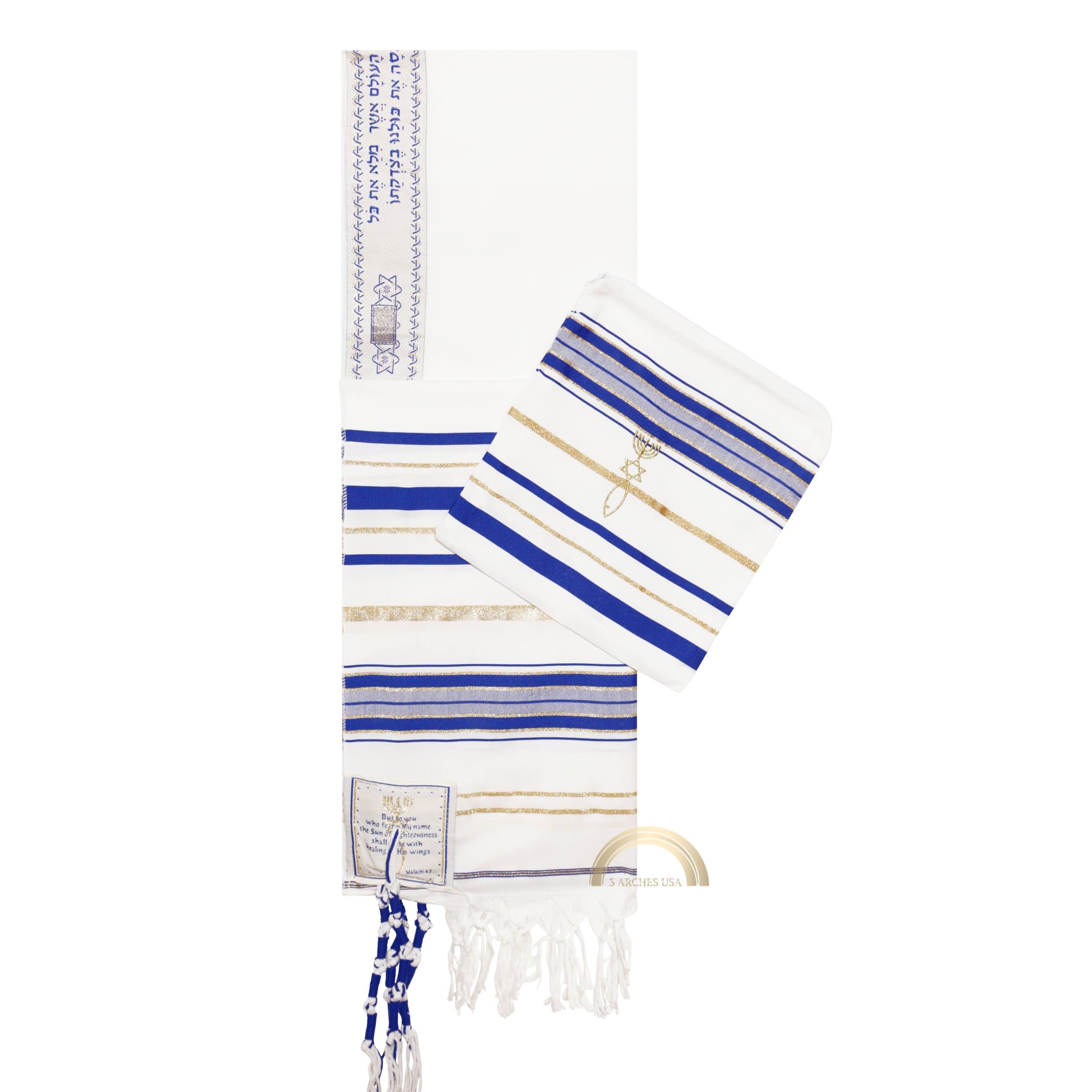 3 ARCHES USA, New Covenant Prayer Shawl Christian, Royal Blue Messianic Tallit 72”X22” With Bag, Israel Design.