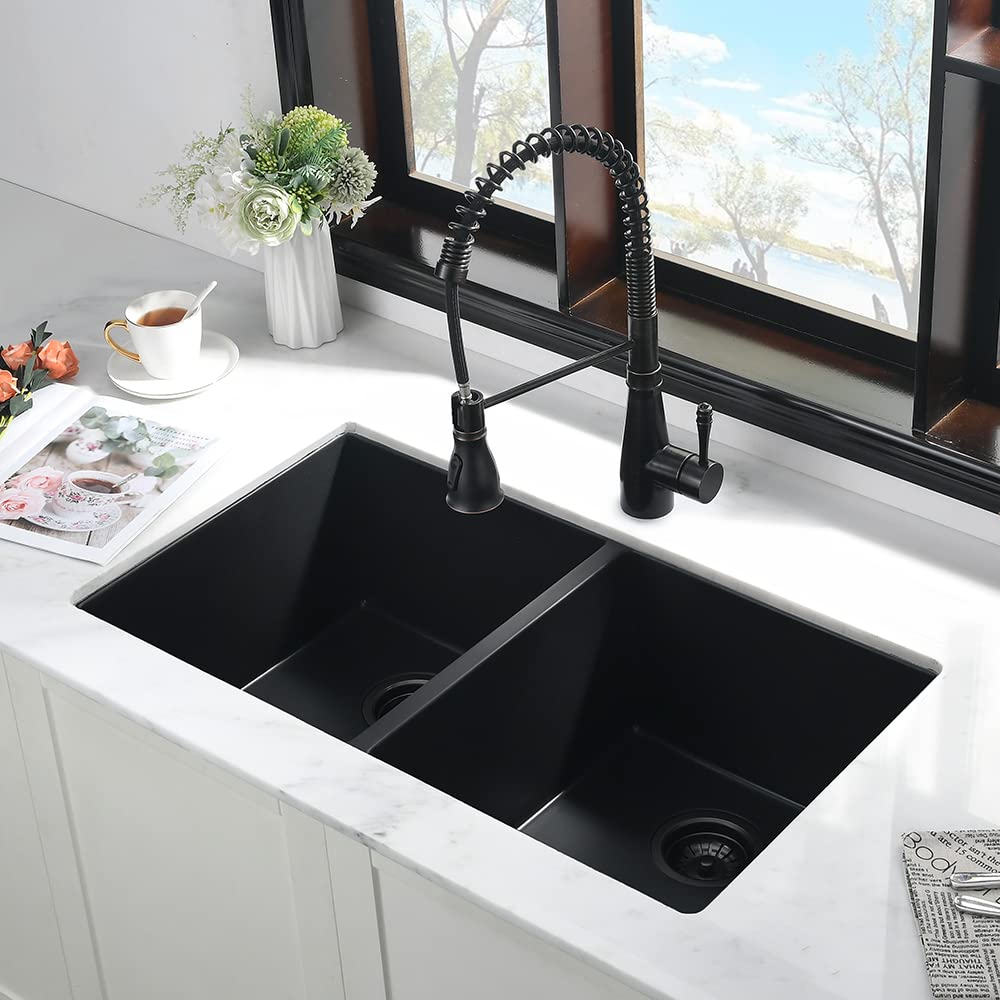 32 Inch Black Kitchen Sink Undermount-iAnomla 32x18 Inch Double Bowl Kitchen Sink 50/50 Black Quartz Composite Undermount Kitchen Sink