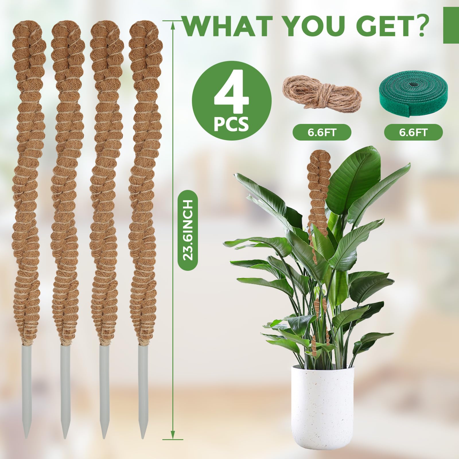 4 Pack Moss Pole for Plants Monstera - 25 Inch Plant Stakes for Indoor, Moss Poles for Climbing Plants, Handmade Coco Coir Pole Plant Support for Creeper Plants Grow Upwards(Winding)