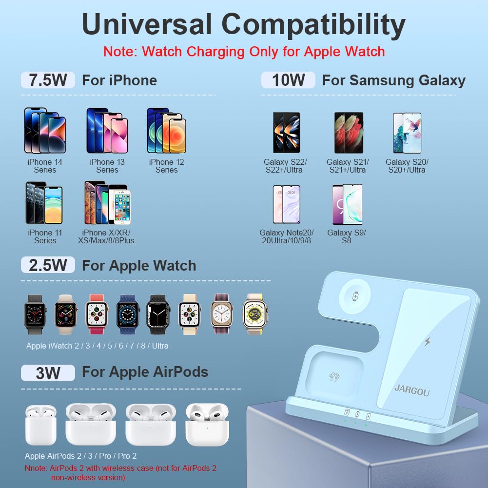 ๐ฎ๐ฌ๐ฎ๐ฏ ๐ก๐ฒ๐ JARGOU 3 in 1 Wireless Charging Station Wireless Charger for iPhone 14 13 12 11 Pro Max/X/8 Charging Station for Multiple Devices for Apple Watch for AirPods 2/3/Pro/Pro 2
