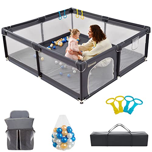Baby Playpen, Playpen for Babies and Toddlers, Baby Gate Playpen 79āx71ā, Extra Large Playpen Foldable, Play Yard for Baby, Baby Girl Playpen Portable, Baby Fence Play Area with 50 Ocean Balls (Grey)