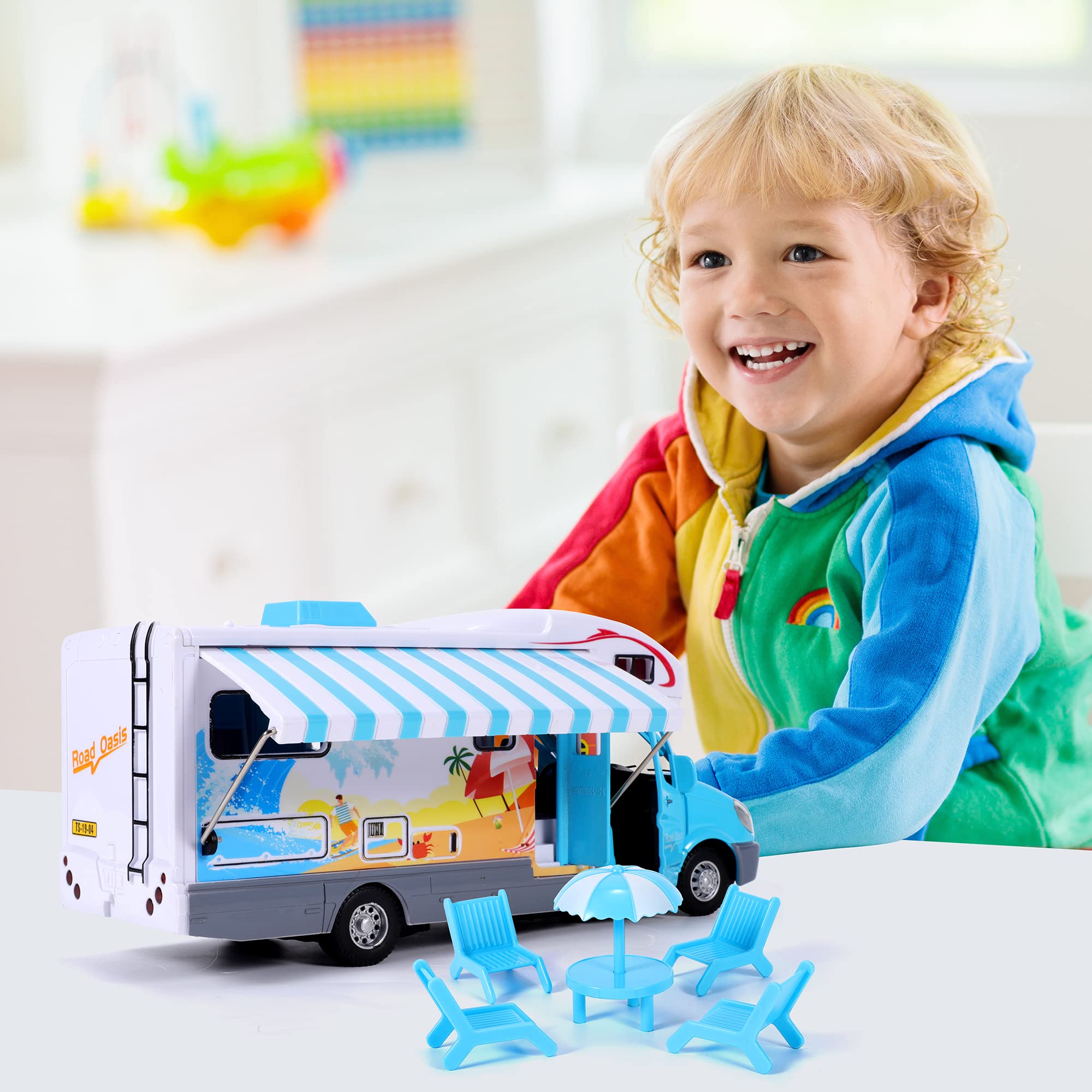BUNICORN RV Camper Vehicle Playset Camping Toy Set Beach Recreational Vehicle Large Pull Back Car Pretending Toys Alloy Car Chair Table Toys
