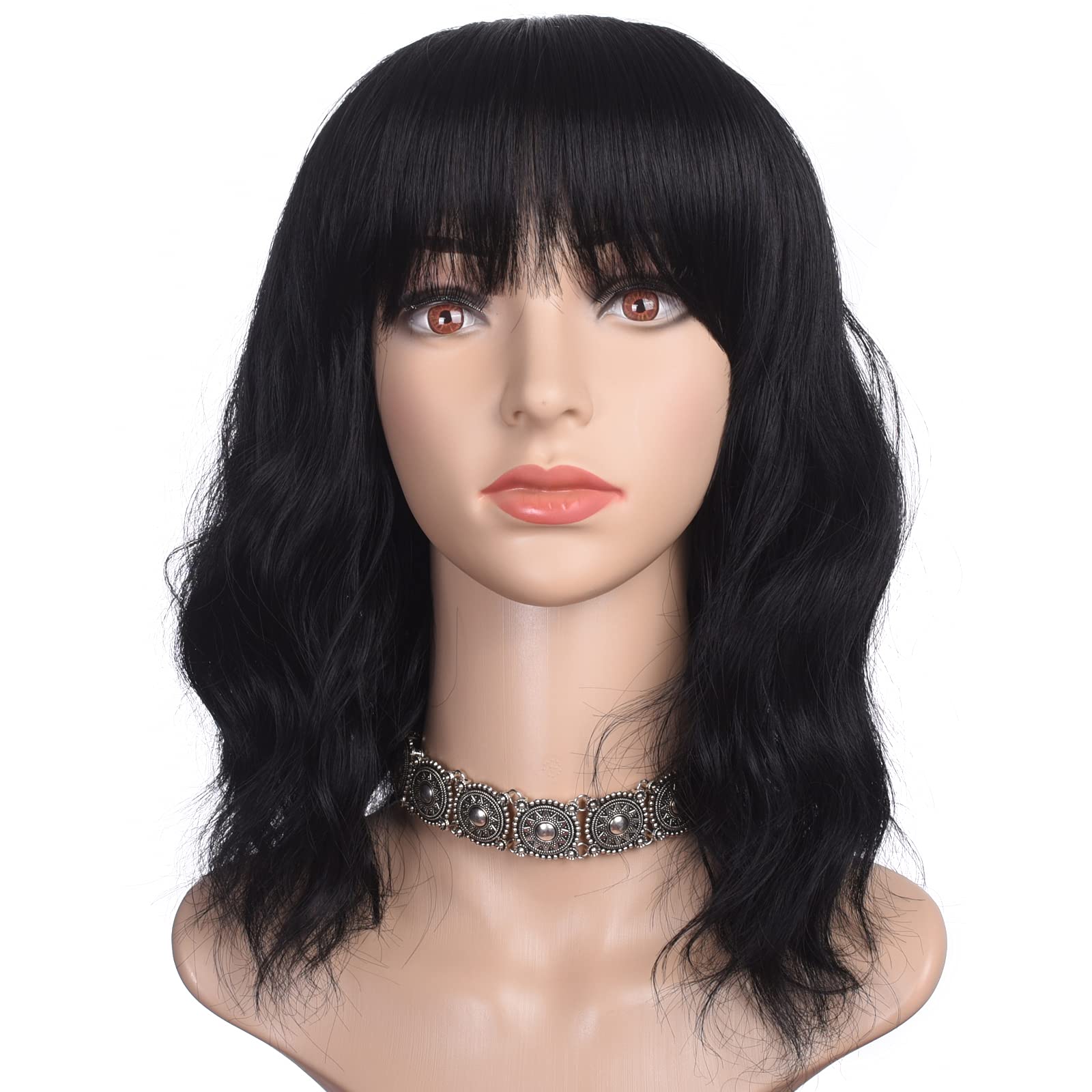 morvally Short Black Wavy Bob Wig with Bangs for Women 16 Inches Natural Synthetic Hair Wavy Wigs