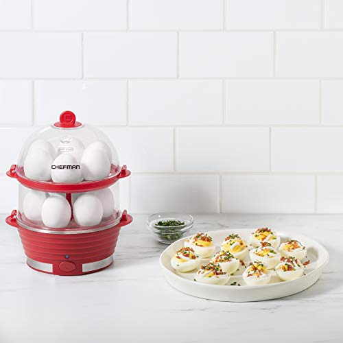 Chefman Electric Egg Cooker Boiler, Rapid Poacher, Food & Vegetable Steamer, Quickly Makes Up To 12, Hard or Soft Boiled, Poaching and Omelet Trays Included, Ready Signal, BPA-Free, Red