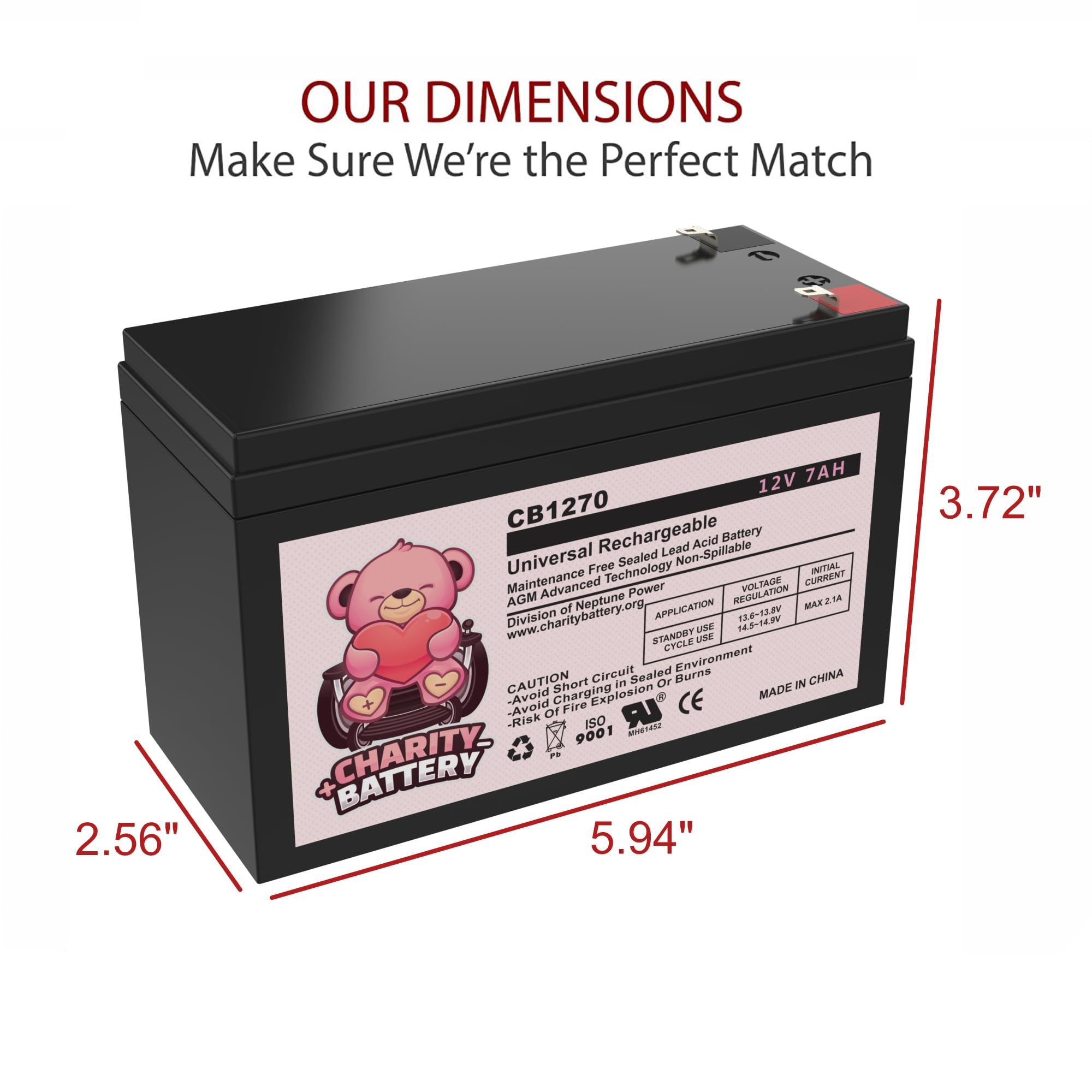 Charity Battery 12V 7Ah CB1270 Rechargeable SLA Sealed Lead Acid Replacement Battery