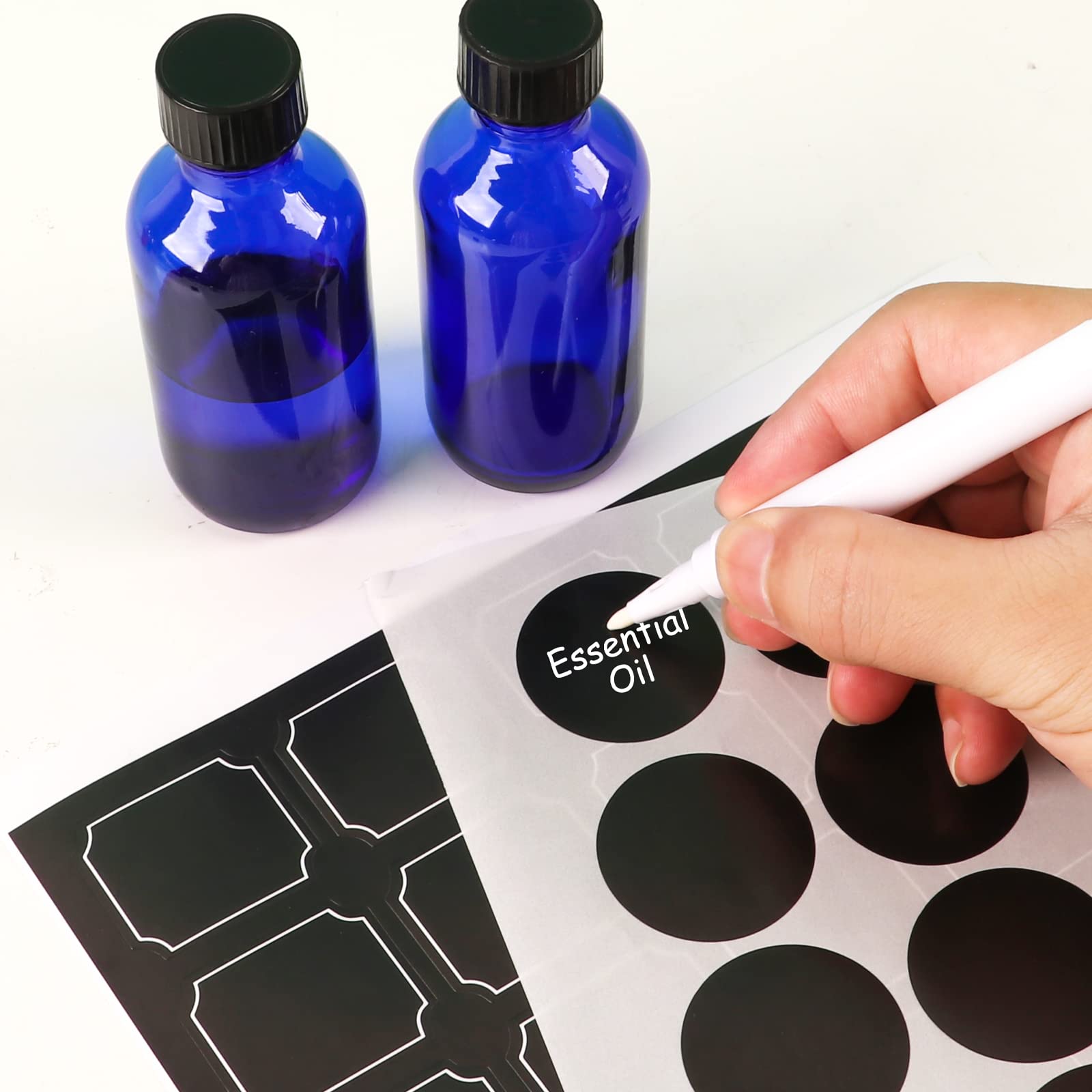 24 Pack 60 ml 2 oz Blue Glass Bottles with Lids, Dispensing Round Boston Bottles for Essential Oils, Hot Sauce, Juice, Liquids,Vanilla Wedding Decor. Include 1 pen, 2 Brush,3 Funnel, 80 Labels.