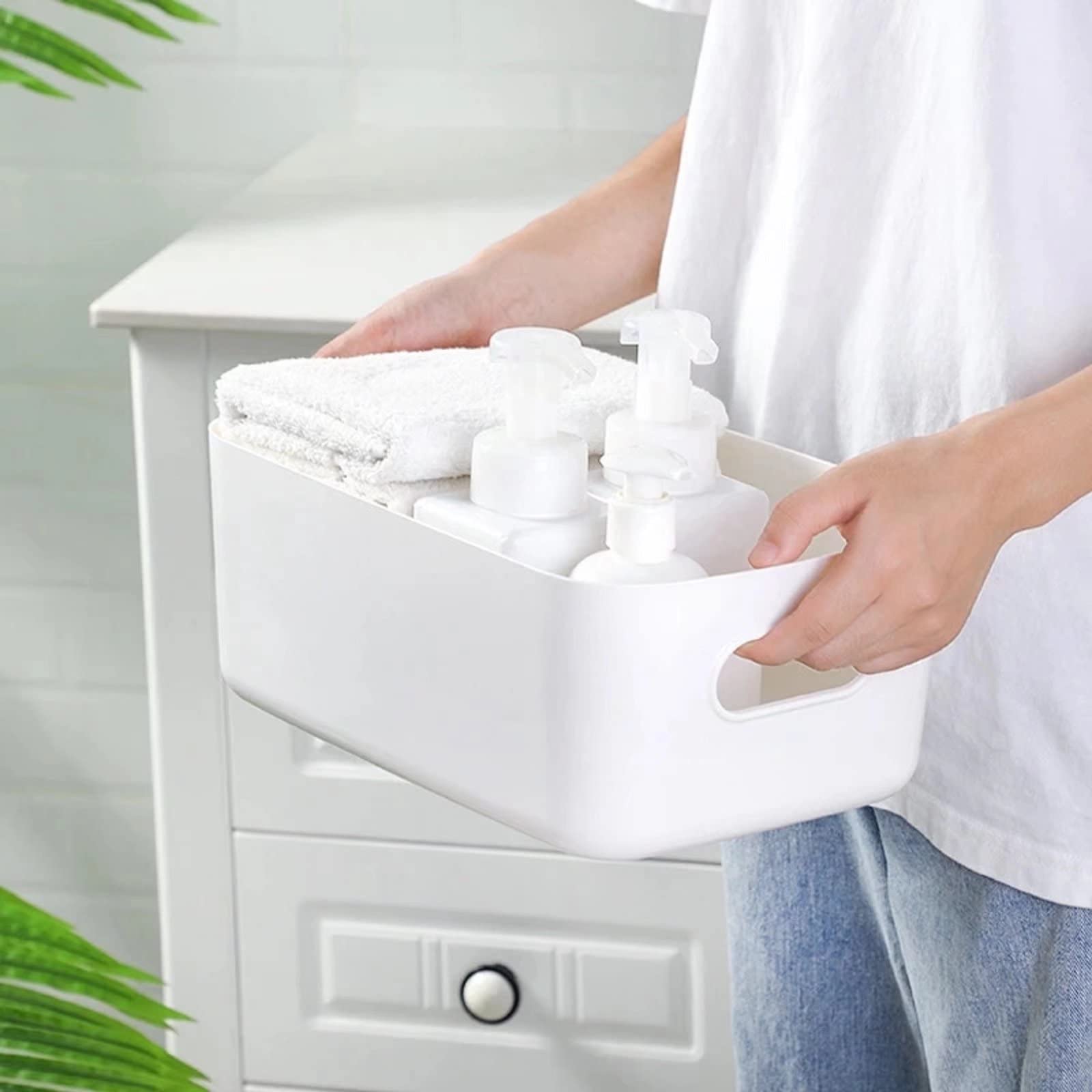 2 Pack Plastic Storage Basket, White Storage Bin with Handle Bathroom Organization Bins Kitchen Spice Rack Organizer for Shelves Drawers Pantry Closet(11.8x8x4.9in)