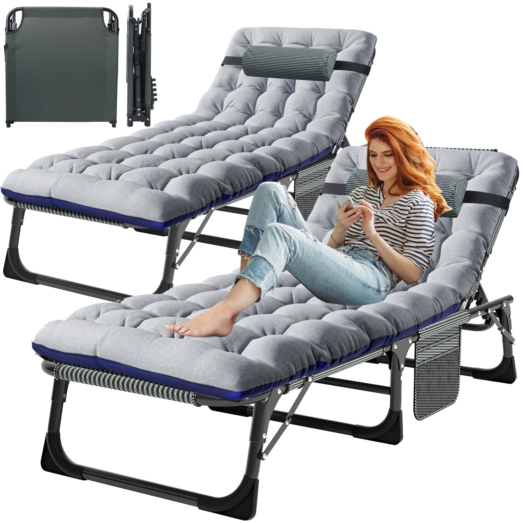 ABORON Heavy Duty Patio Chaise Lounge, 500LB Bearing 3IN1 Adjustable Lounge Chair 1200D Oxford Adults Sleeping Camp Chair, with Mattress (Chaise Lounges, Black Bed and Charcoal Gray Pad)