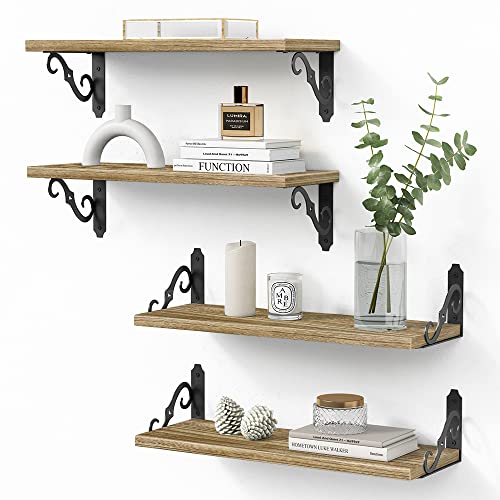 Goozii Floating Shelves Wood for Wall Set of 4, Floating Bathroom Shelves Over Toilet Wall Mounted, Decorative Shelves for Bedroom Books, Living Room Decor, Closet Storage (Natural Wood)