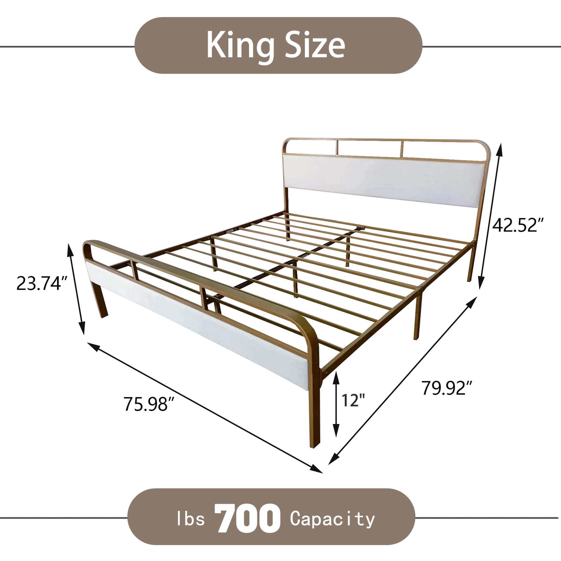 alazyhome Modern King Size Bed Frame, Metal Platform Bed with Velvet Upholstered Headboard, Steel Slats Support, Noise Free, Under-Bed Storage, Easy Assembly, Gold