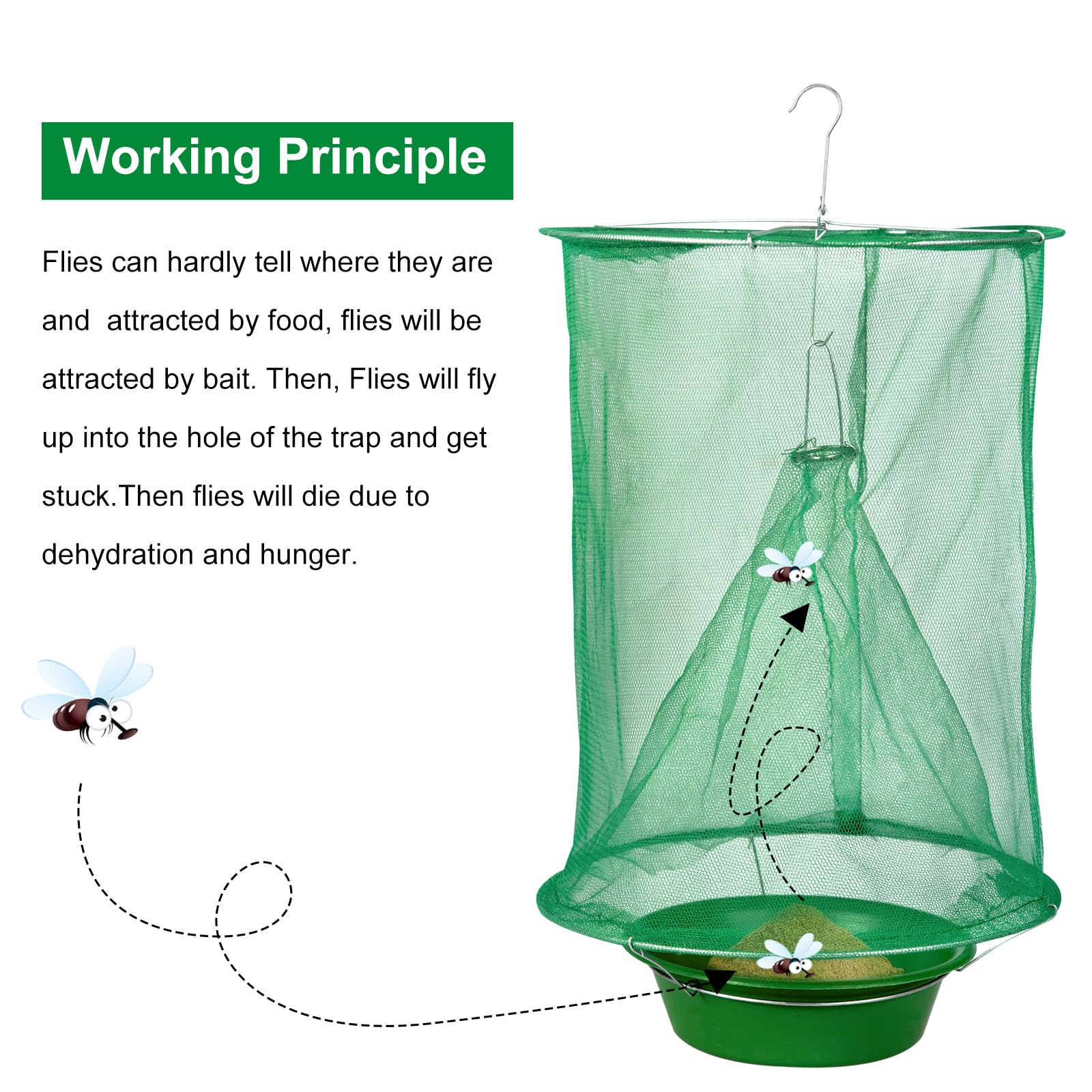 4 Pack Ranch Fly Traps, Hanging Stable Fly Trap, Disposable Fly Killer Cage, Fly Catcher Bag with Bait Tray, Fly Repellent for Outdoor and Indoor, Farms