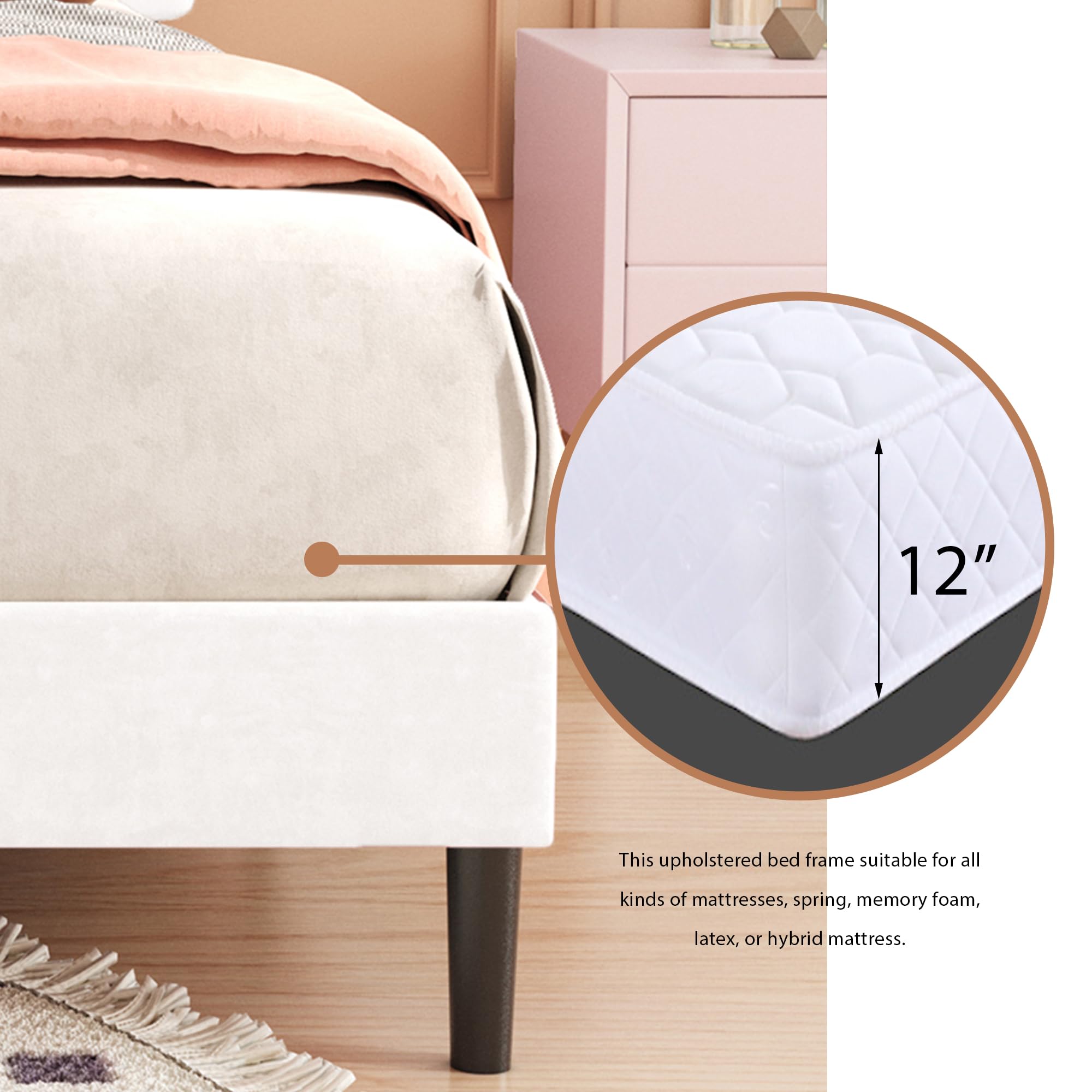 alazyhome Upholstered King Size White Platform Bed Frame with Velvet Upholstered Headboard Wooden Slats Support No Box Spring Needed Easy Assembly