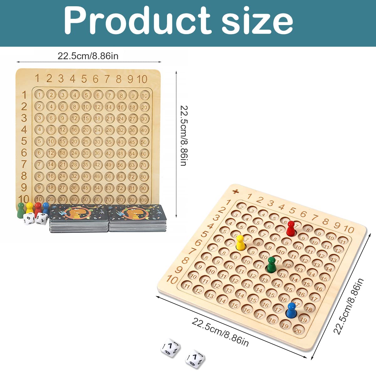 2 Pack Wooden Math Multiplication Board & Addition Board, Montessori Hundred Board, Math Table Board Game, Creative Educational Preschool Learning Counting Toys for Toddlers Kids Over 3 Years Old