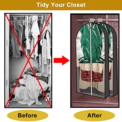 65" Garment Bags for hanging clothes, 4" Gussetes, Clear Moth Proof Suit Bag for Closet Storage or travel, Plastic Protector for wedding dress, long gowns, dance costumes, Sweaters, Shirts, Jackets,Coat, 5 Packs, Black