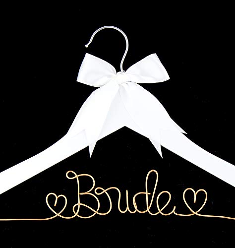 Ella Celebration Bride to Be Wedding Dress Hanger Wooden and Wire Hangers for Brides Gowns, Dresses (White with Light Gold and Bow)