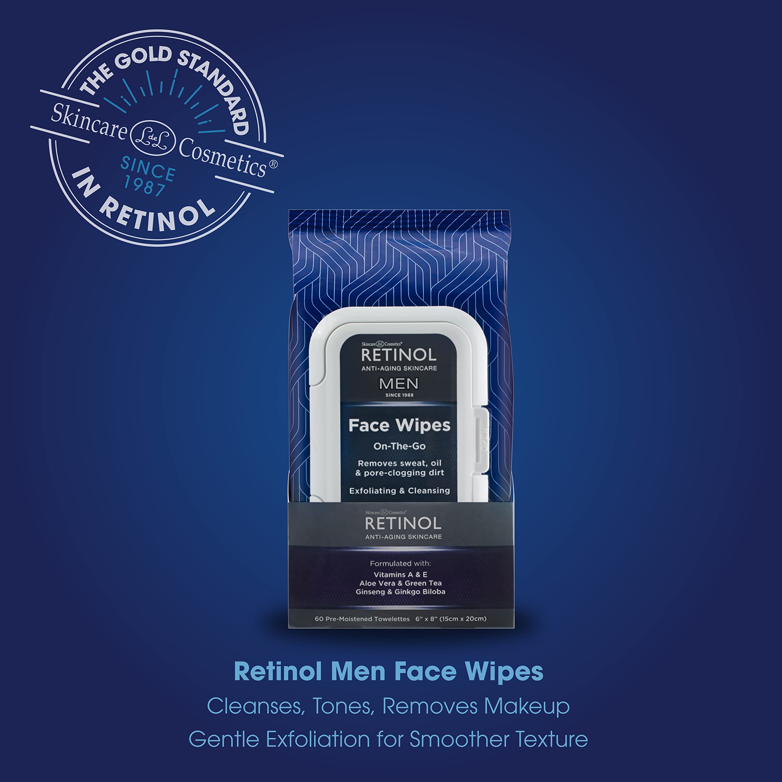 Retinol Men Facial Wipes Anti-Aging Cleansing Towelettes - Quickly cleanse face from sweat, oil and pore-clogging dirt without any heavy residue