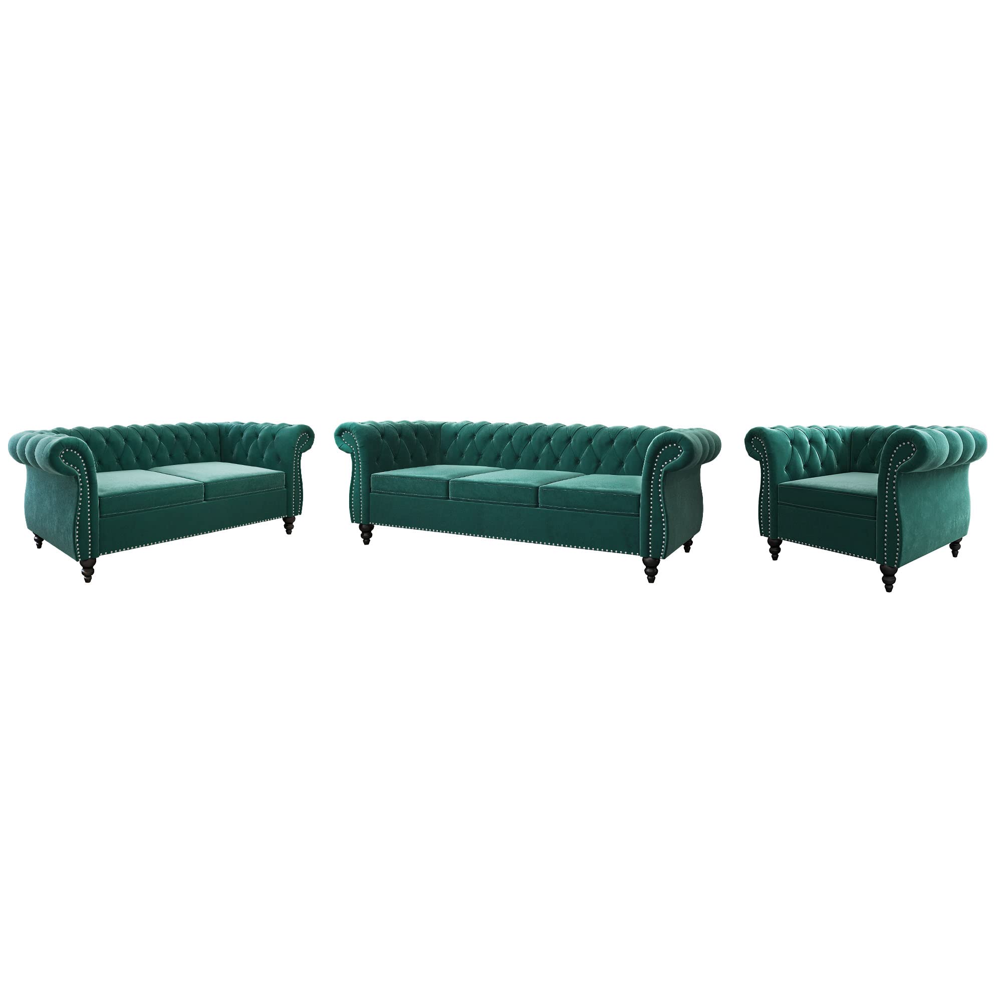 3 Piece Living Room Set, Velvet Chesterfield Sofa Loveseat Couch Chair with Scroll Arms and Nailhead for Living Room, Office (Green)