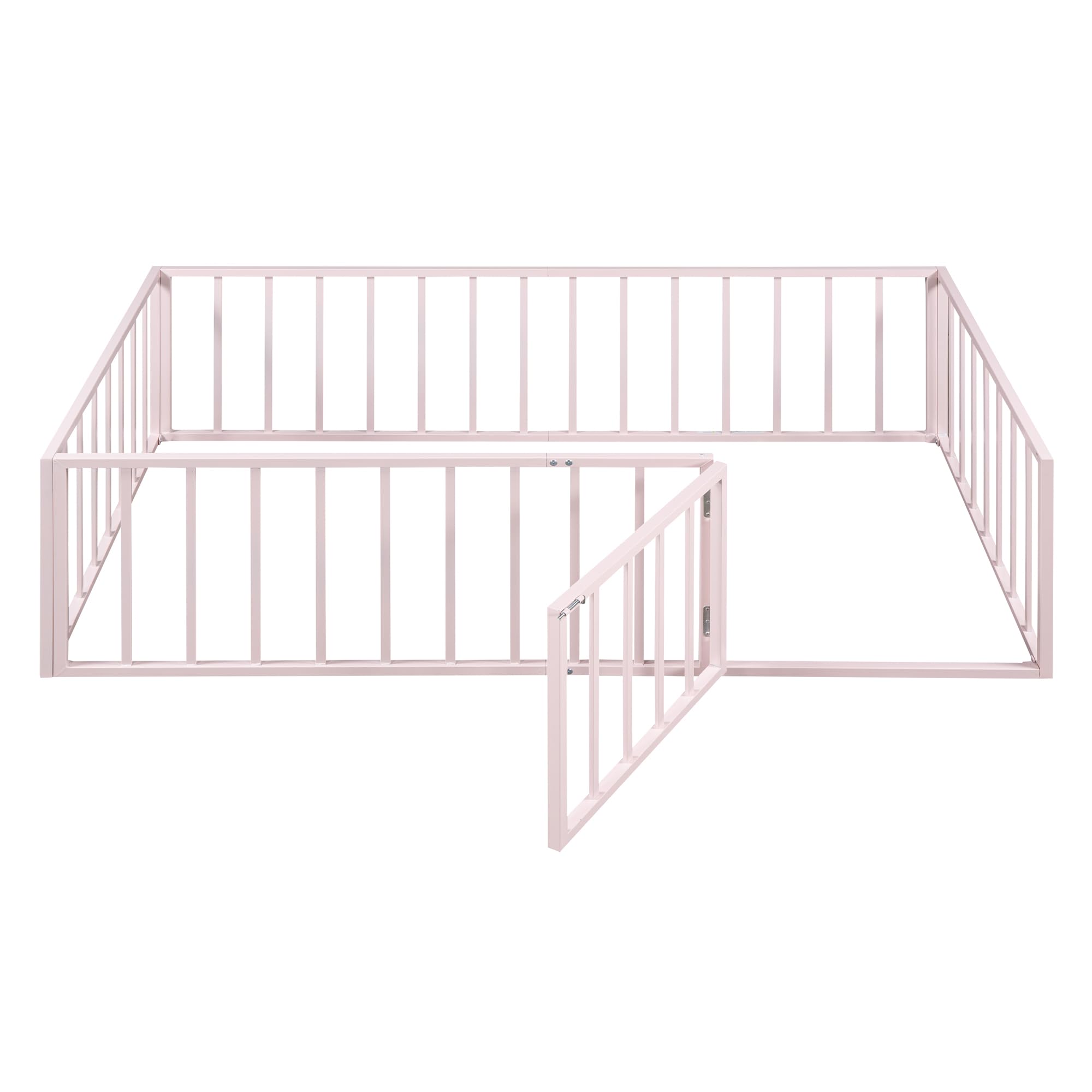 Acosure Twin Size Metal Floor Bed Frame with Fence and Door, Versatile Montessori Beds,No Box Spring Needed,Easy to Install,for Kids,Boys,Girls,Pink