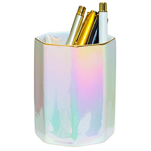 YOSCO Ceramic Desk Pen Holder Stand Cute Pencil Cup Pot Desk Organizer Makeup Brush Holder (Pearl)