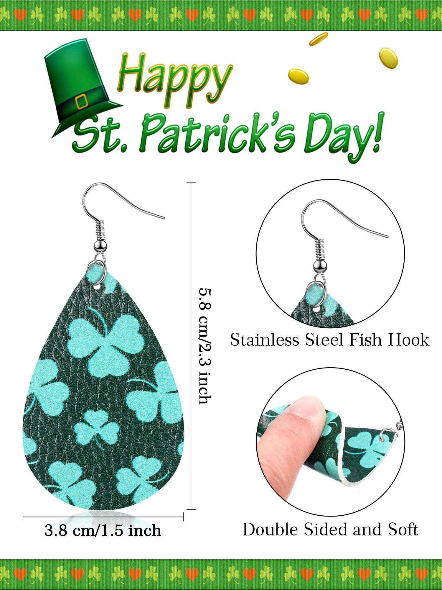 25 Pairs St Patrick's Day Easter Faux Leather Earrings Set Teardrop Clover Green Hat Easter Egg Dangle Earrings for Women Girls