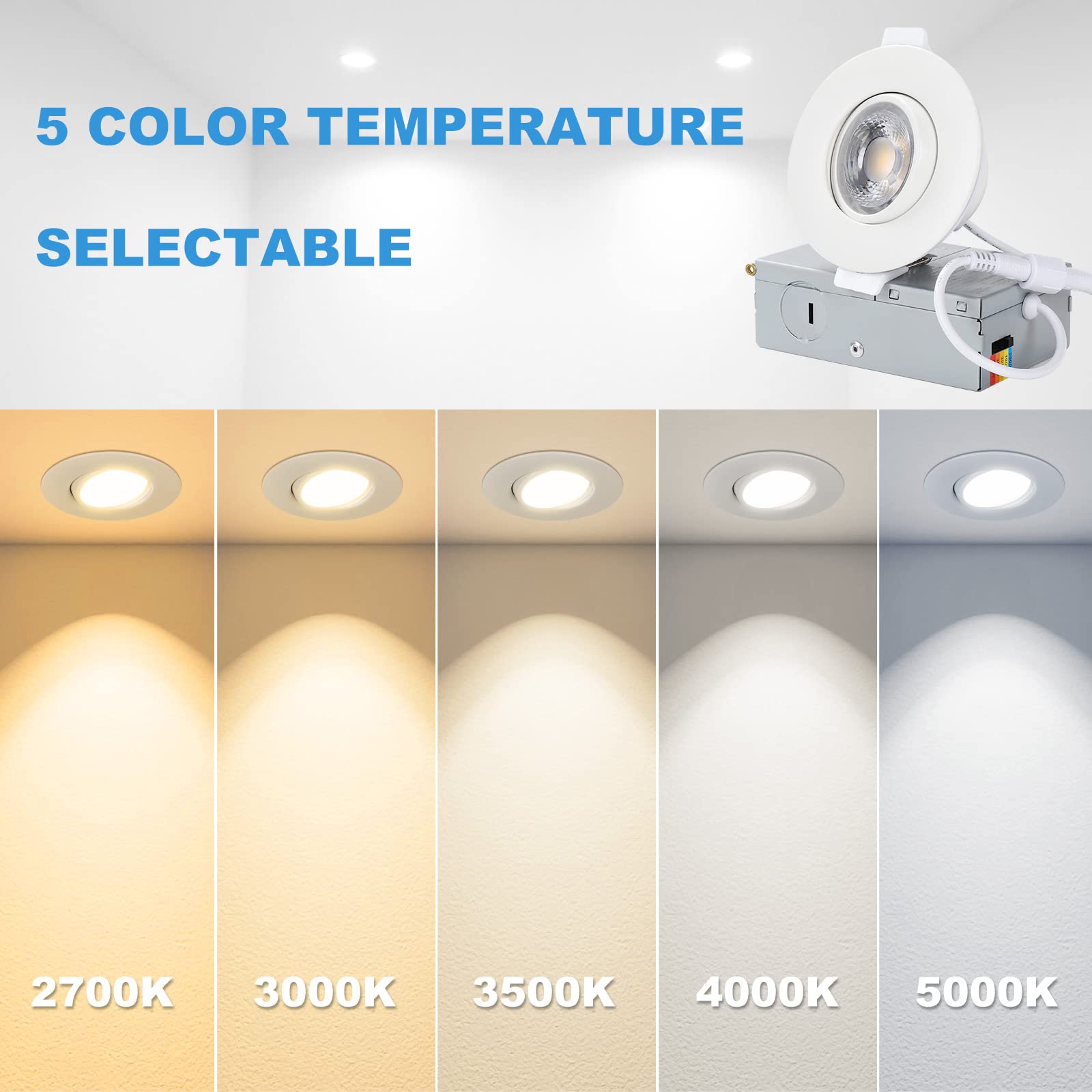 3 inch Gimbal Recessed LED Lighting 5 CCT Dimmable Downlight Adjustable LED Retrofit Trim Lighting 2700K/3000K/3500K/4000K/5000K No Can Needed, IC Rated 8W (65W Equiv.) 750lm (4 Pack)