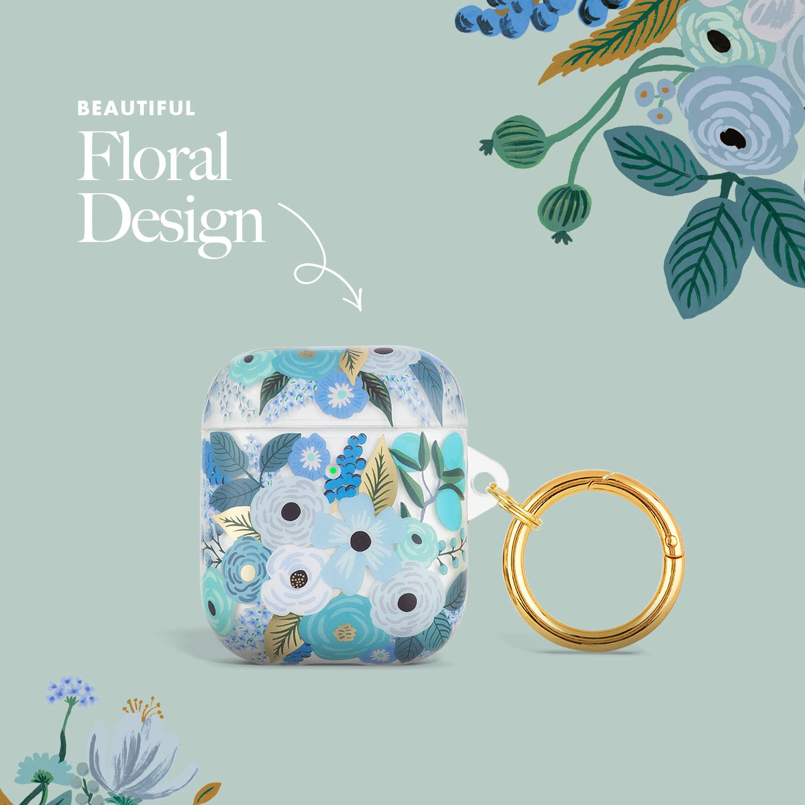 Rifle Paper Co. Airpods 2nd / 1st Generation Case Cover with Keychain Ring [Wireless Charging] [Front LED Visible] Cute Apple Airpods Case 2 and 1 with Floral Design, Anti Scratch - Garden Party Blue