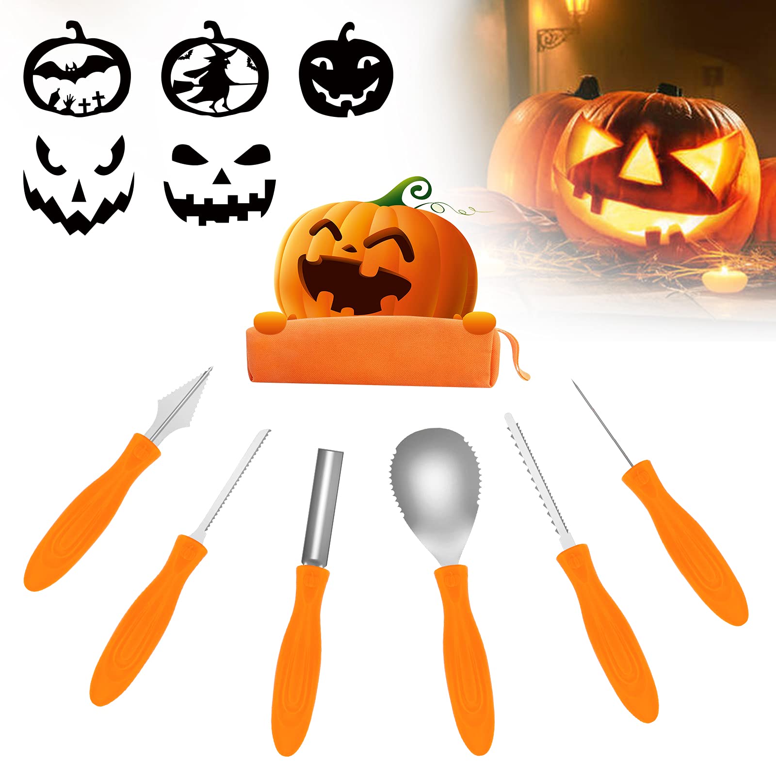 Yatashing Pumpkin Carving Kit Tools 12Pcs DIY Jack-O'-Lantern Professional Sturdy Stainless Steel Supplies Carving Stencils Zipper Bag for Adults & Kids and Halloween Decorations