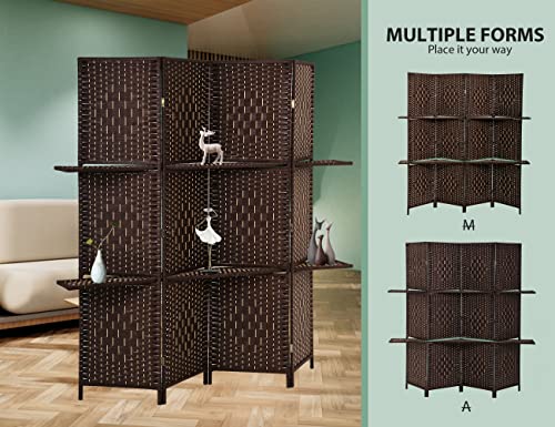 4 Panel Room Dividers and Folding Privacy Screens, 71 Inch High Hand-Woven Design Room Divider Folding Wall Dividers with Shelves, Portable Partition Screen for Room,Freestanding Room Separator, Brown