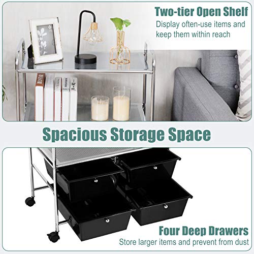 RELAX4LIFE Storage Cart W/Four Drawers, Wheels and Two Shelves, Stable Steel Frame Craft Cart for Office,Home, Make Up Storage and Files Arrangement Storage Cart Organizer (Black)