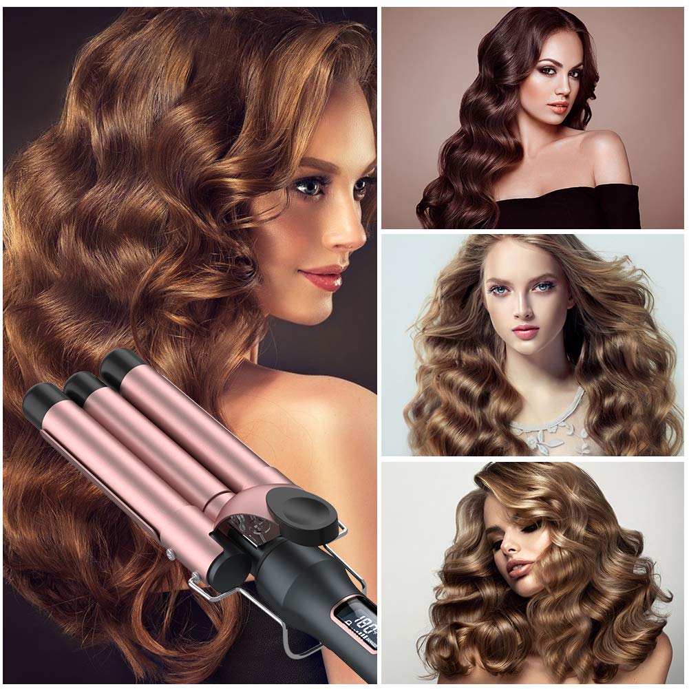 3 Barrel Curling Iron Wand 25mm Hair Waver Crimper Hair Iron with LCD Display, Ceramic Tourmaline Triple Barrels Temperature Adjustable, Dual Voltage (Rose Gold)