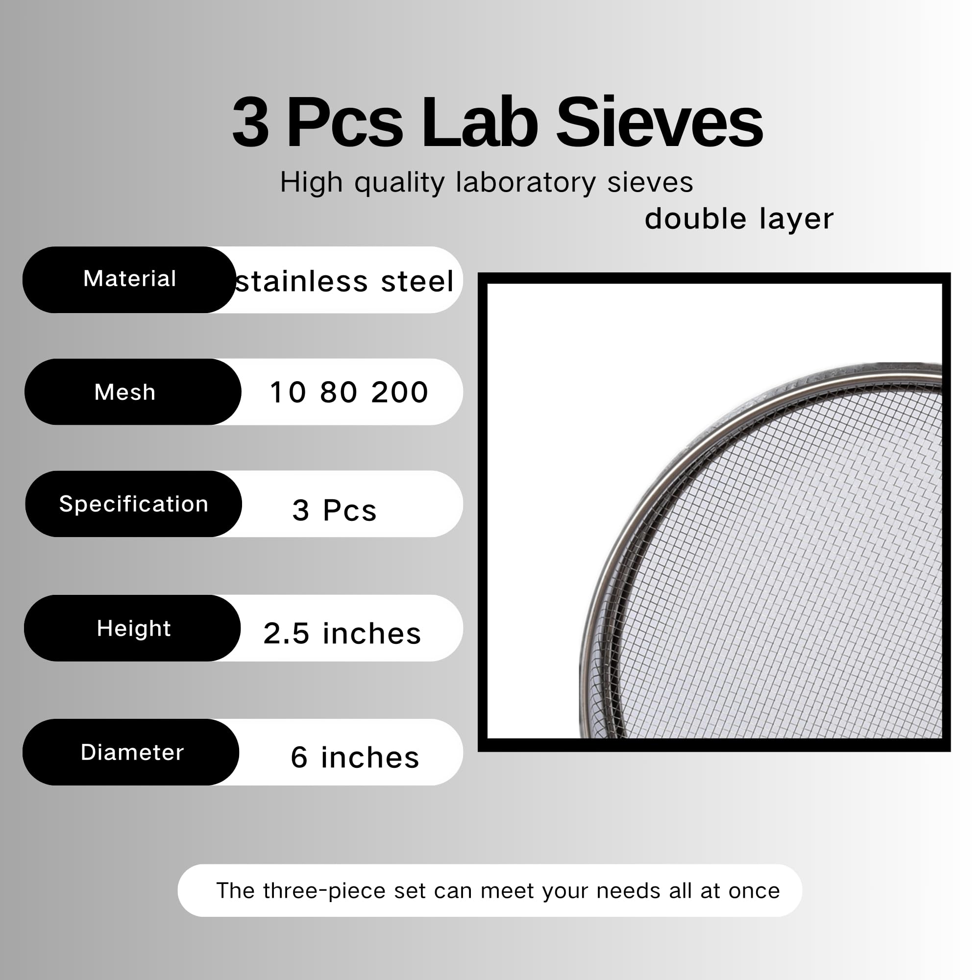 3 Pcs Lab Sieves，6 Inch Diameter Test Sifter 10Mesh（2.19mm）、80Mesh（0.217mm）and 200 Mesh（0.077mm）