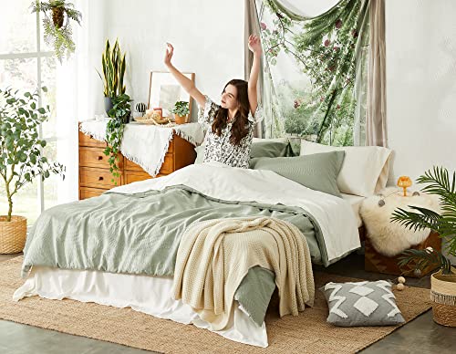 Geniospin Queen Comforter Set, Bed in a Bag Sage Green 7-Pieces, Botanical Pattern, All Season Comfortable Seersucker Bedding with Comforter, Sheets, Pillowcase & Shams (Queen, 90"x90")