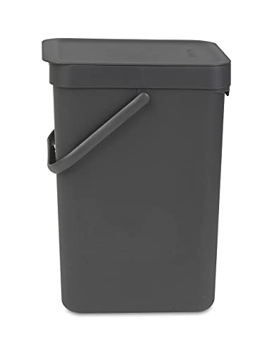 Brabantia Sort & Go Kitchen Recycling Can (3.2 Gal / Gray) Stackable Waste Organiser with Handle & Removable Lid, Wall/Cupboard Mounting