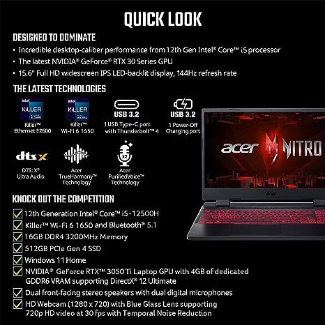 acer Nitro 5 Gaming Laptop | Intel Core i5-12500H | NVIDIA GeForce RTX 3050 Ti GPU | 15.6" FHD 144Hz IPS Display | 32GB DDR4 | 1TB Gen 4 SSD | Killer Wi-Fi 6 | Backlit Keyboard Intel | Win 11 Home