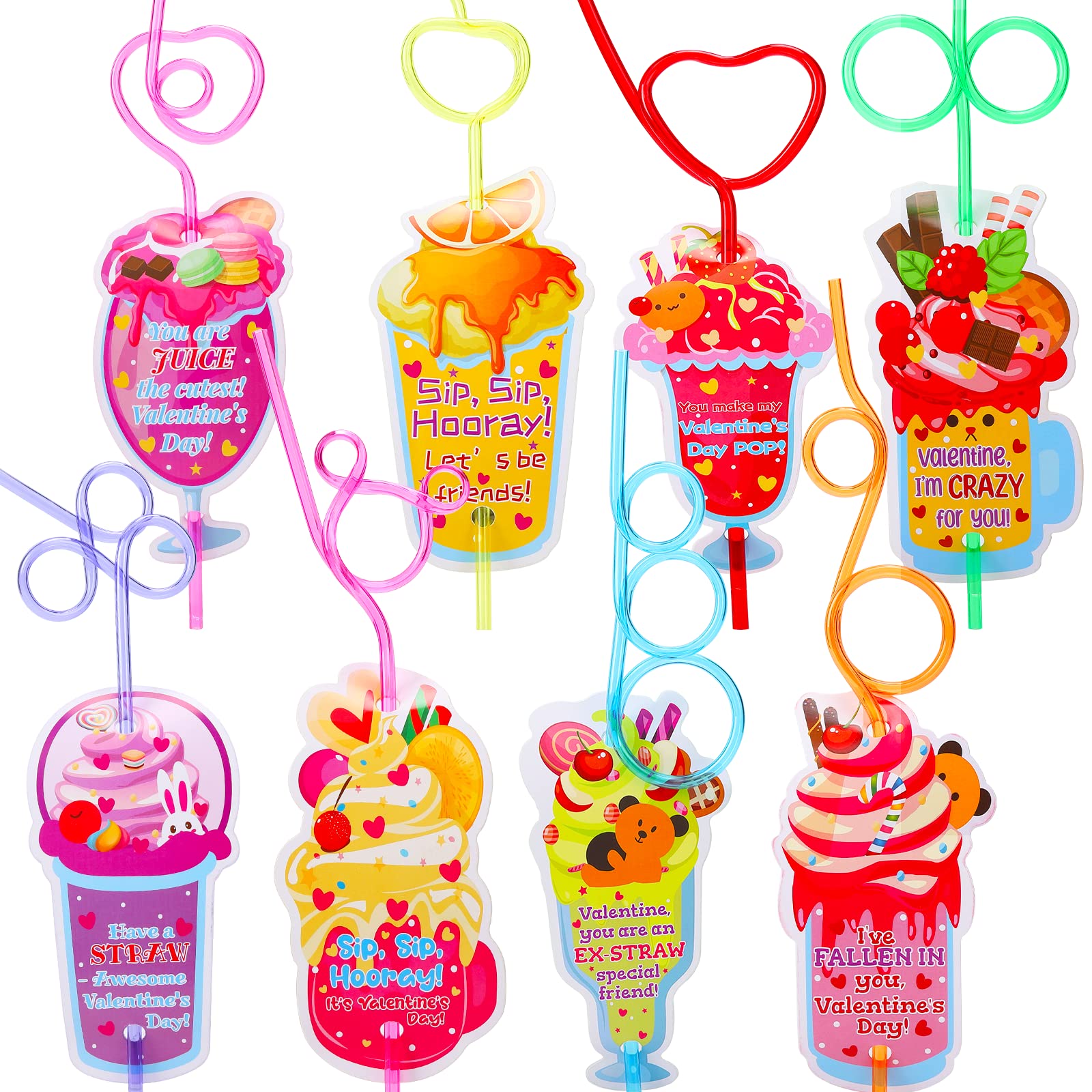 32Pack Valentines Day Cards for Kids, Valentines Greeting Cards(8 Designs)+ Colorful Crazy Loops Reusable Drinking Straws (8 Shapes) for Classroom Gifts Exchange Gift Class Prizes Carnivals Party