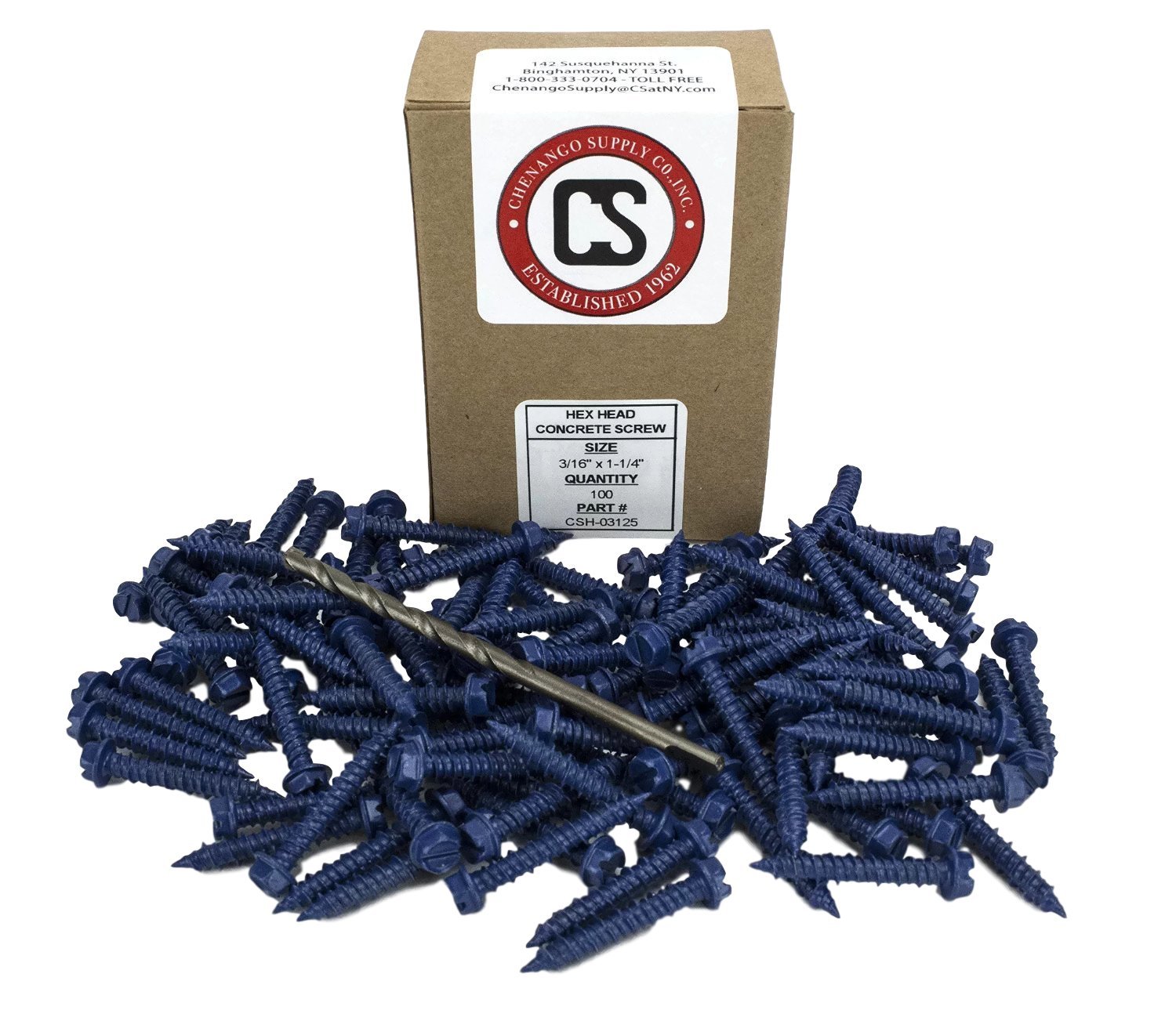 Chenango Supply 3/16 x 1-1/4" Hex Head Concrete Screw Anchor. 100 Pieces with Drill Bit (Miami-Dade Compliant) (3/16 x 1-1/4)