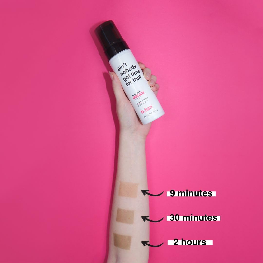 b.tan Pre-Shower Self Tanner Mousse | Ain't Nobody Got Time for That - Fast, 9 Minute Express Sunless Tanning Foam, No Fake Tan Smell, No Added Nasties, Vegan, Cruelty Free, 6.7 Fl Oz