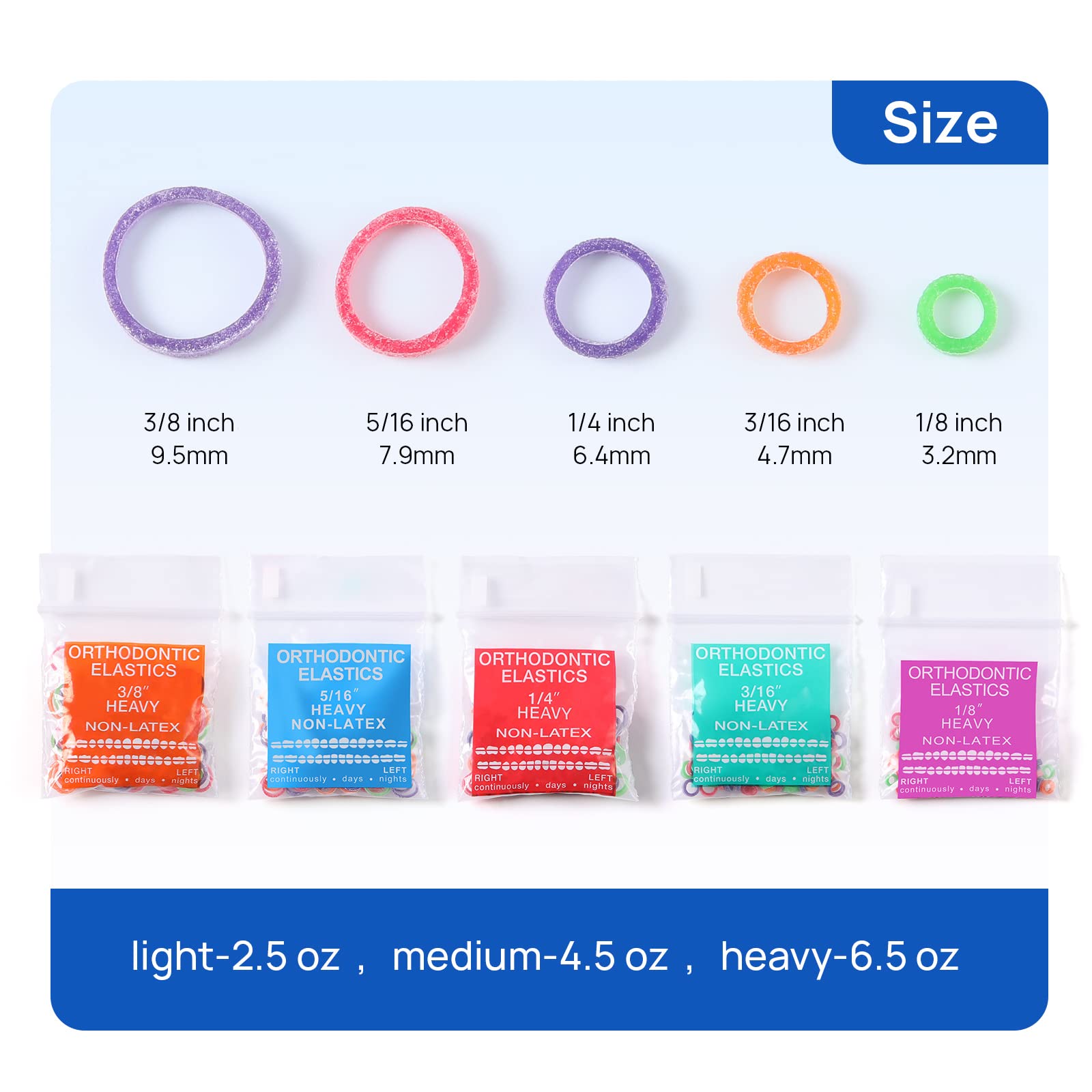 JMU Orthodontic Elastics 1/4 Heavy, 500 Pack Intraoral Elastic Bands Non-Latex Neon Dental Rubber Bands Made in USA