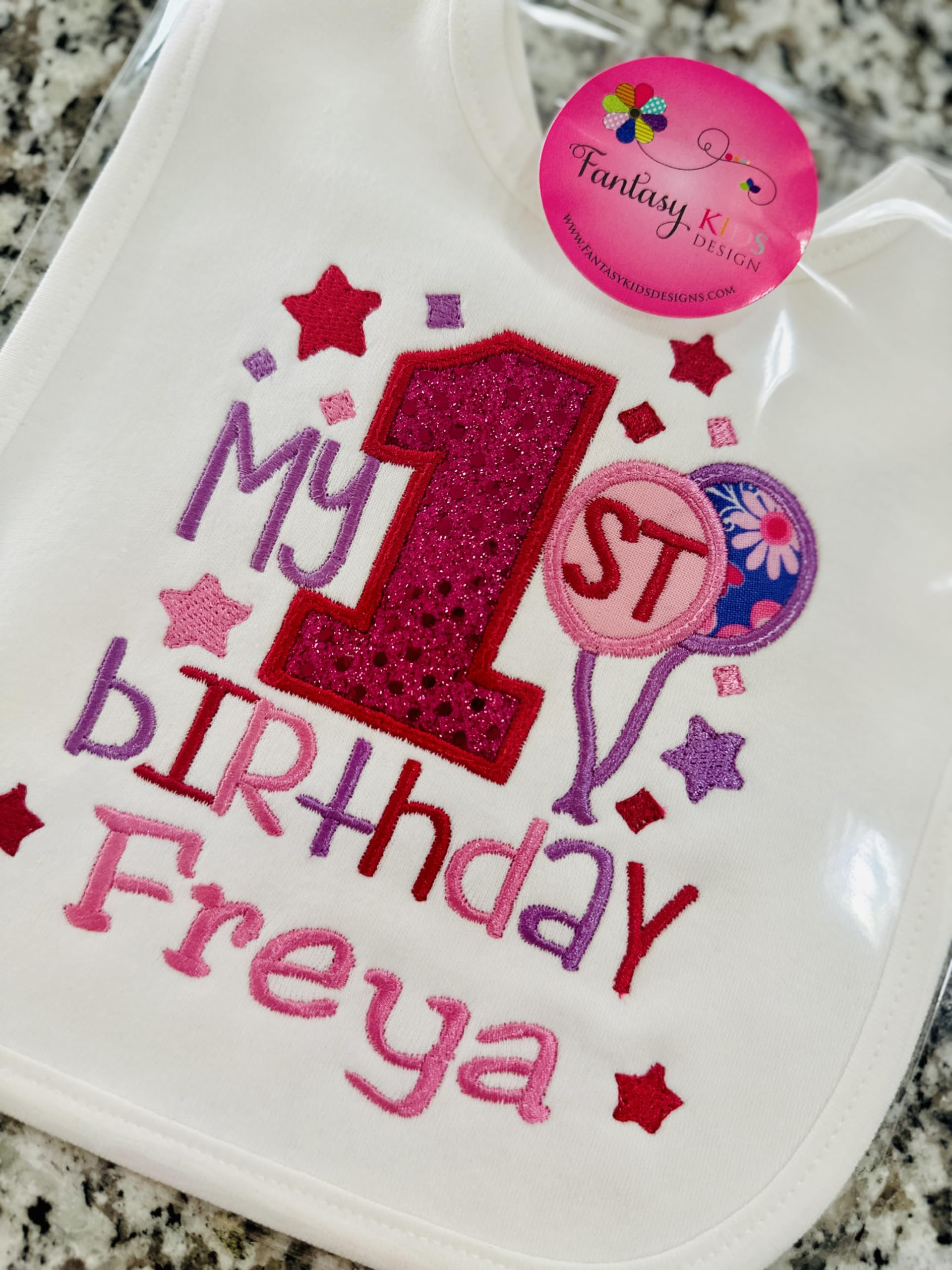 Fantasy Kids Designs First Birthday Baby Girl Bib Balloons Personalized with Custom Name (White Bib/Hot Pink)