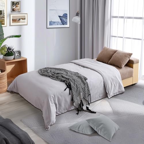 85" Convertible Sleeper Sofa Couch,Sleeper Sofa Bed with Storage and 2 Storage Drawer,Multifunctional Double Folding Sofa Bed,Drop Down Table with 2 Cup Holders,L-Shaped Sectional Sofa,Light Brown