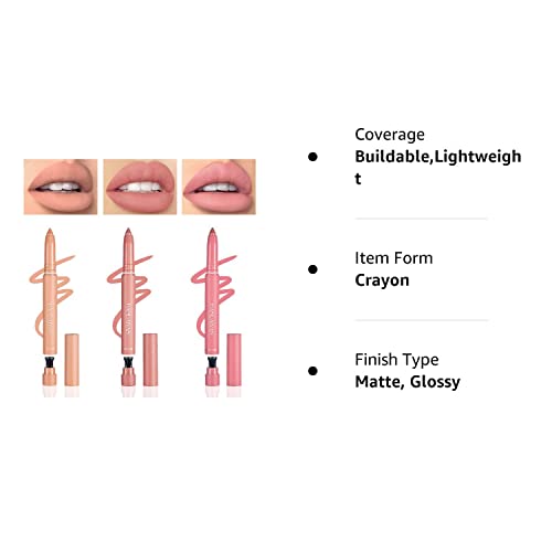 3 Colors Matt Nude Lipstick Lipliner Lip Crayons Pack Set with Built-in Sharpener,Velvet Moisture Smooth Matte Lipstick Pencils,Waterproof&Waterlasting Velvet Lip Crayon Lip Liner Lip Pen Lip Makeup