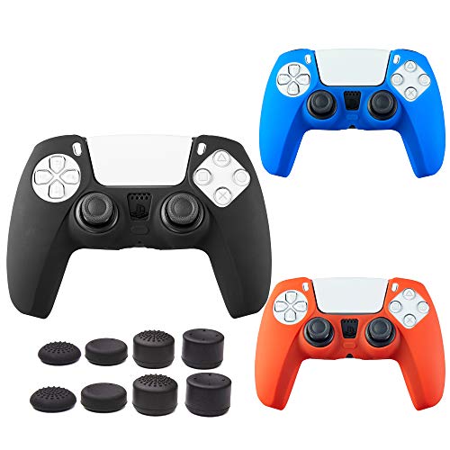3 Pack Silicone Controller Skin Cover, Anti-Slip Protector Case for Sony PS5 Playstation 5 Controller with 8 Thumb Grips (Black Blue Red)