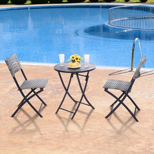 3 Piece Folding Outdoor Patio Bistro Set, Wicker Patio Furniture Sets with Table and Chairs for Garden, Backyard, Porch, Patio - Patio Conversation Set