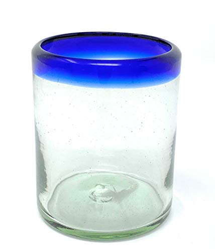 Hand Blown Mexican Drinking Glasses - Set of 6 Tumbler Glasses with Cobalt Blue Rims (10 oz each)