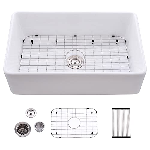33 Inch Fireclay White Farmhouse Sink-Bokaiya 33x20 Apron Front Farmhouse Kitchen Sink Single Bowl Deep Porcelain Ceramic White Farm Sink