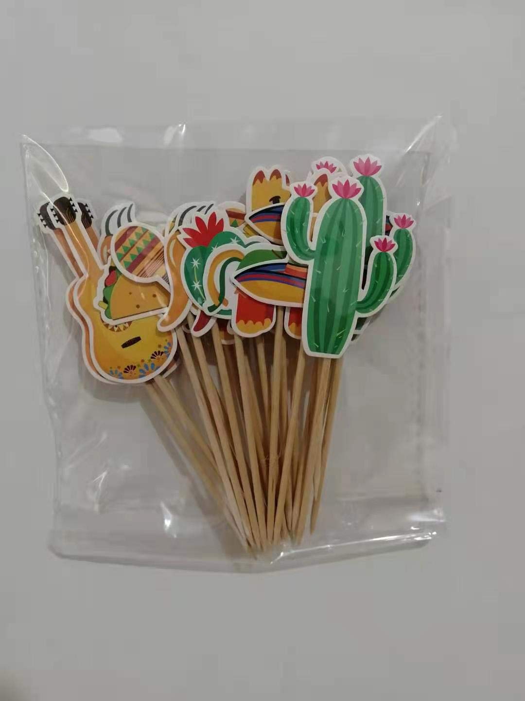 24 Pcs Mexican Fiesta Cupcake Toppers Decoration With Cactus Donkey Taco Pepper Sombrero Mustache Party Decorations