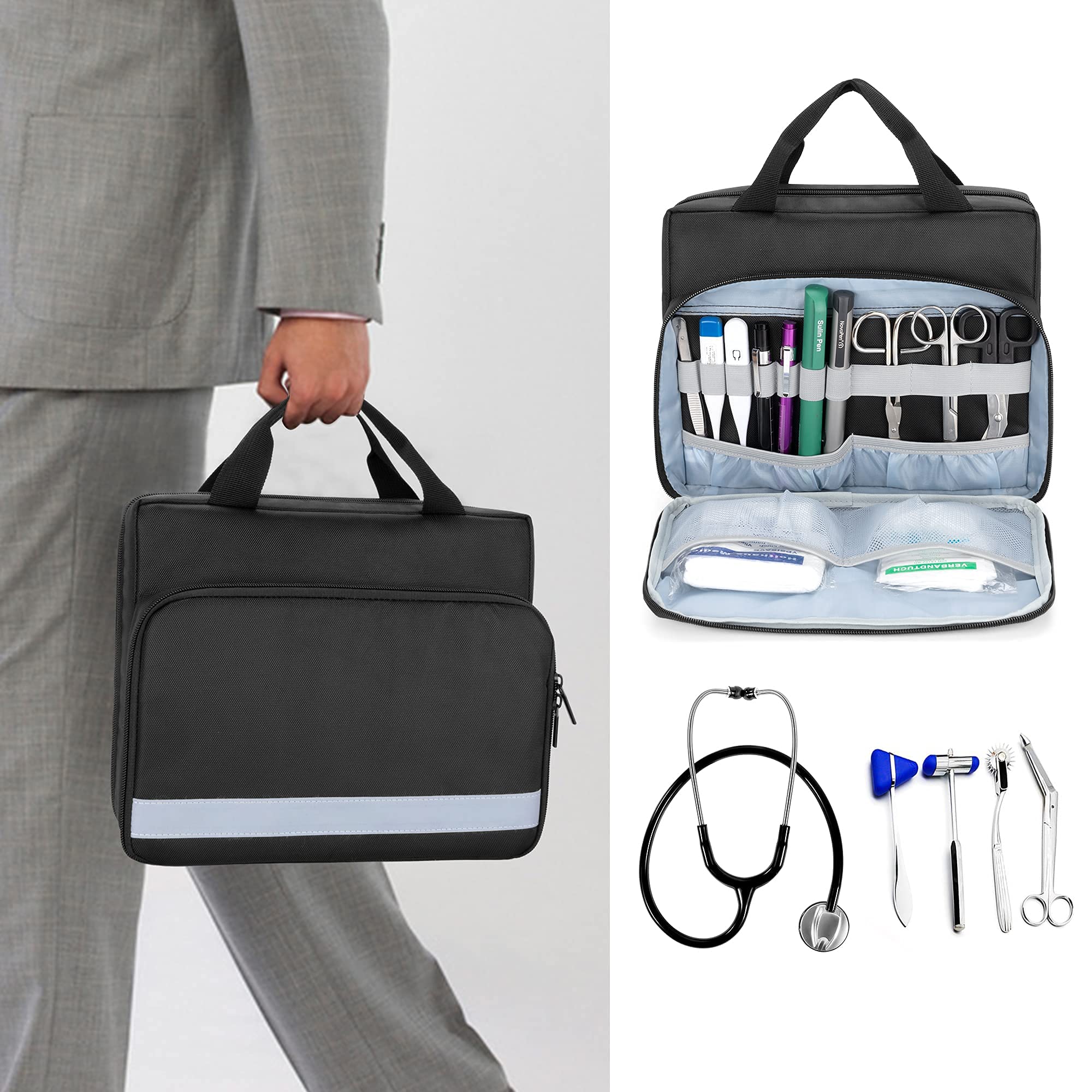 Trunab Utility Nurse Case Padded Stethoscope Case, Hold Two Stethoscopes/BP Cuffs and Nurse Accessories, Small Empty First Aid Bag for Nurses, Doctor, Black (Patent Design)